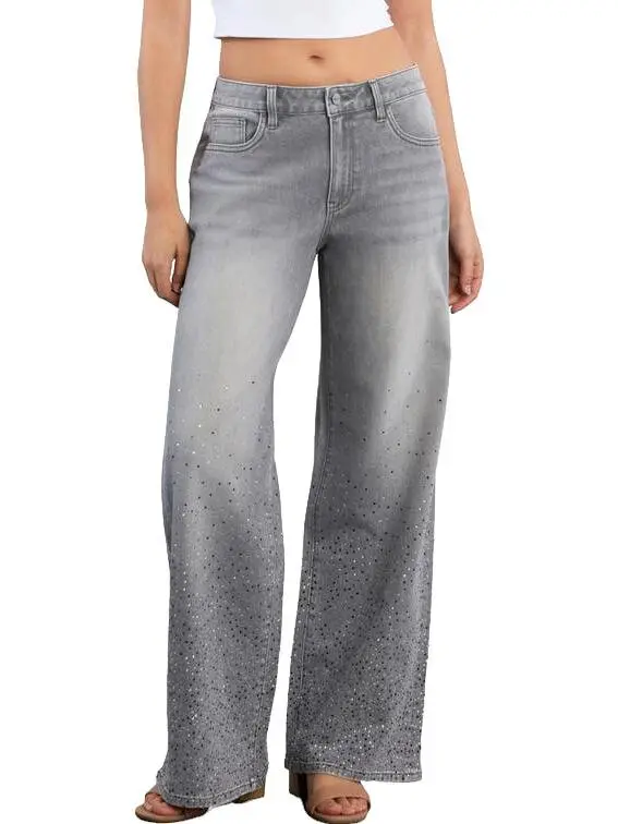HINT OF BLU Star Studded Wide Leg Jeans - Grey Blue