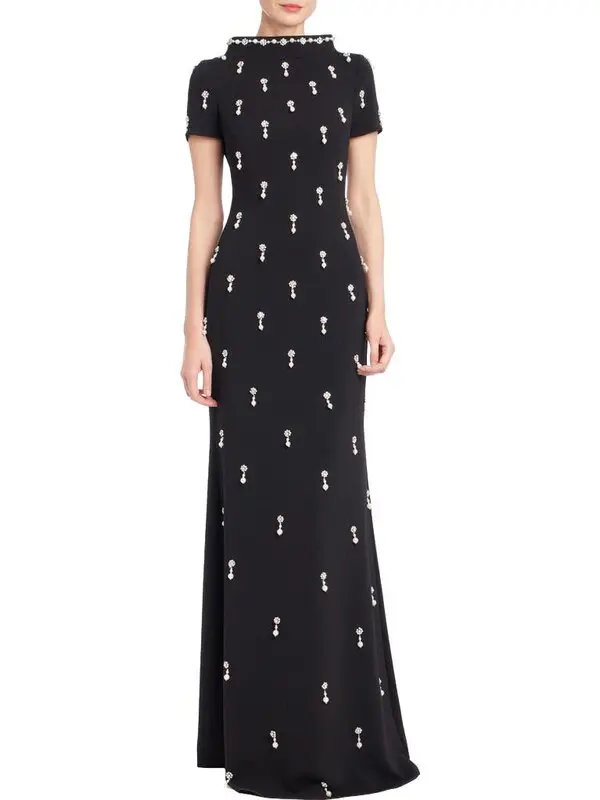 Badgley Mischka Embellished Mock Neck Stretch Crepe Gown - Black