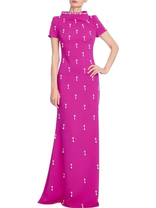 Badgley Mischka Embellished Mock Neck Stretch Crepe Gown - Fuchsia