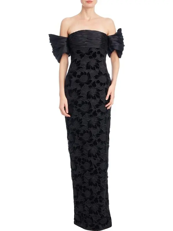 Badgley Mischka Off The Shoulder Floral Velvet Burnout Lace Gown - Black