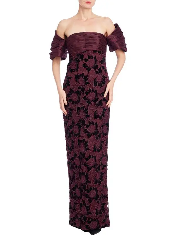Badgley Mischka Off The Shoulder Floral Velvet Burnout Lace Gown - Wine