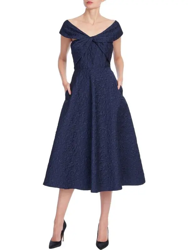 Badgley Mischka Portrait Collar Jacquard Midi Cocktail Dress - Navy