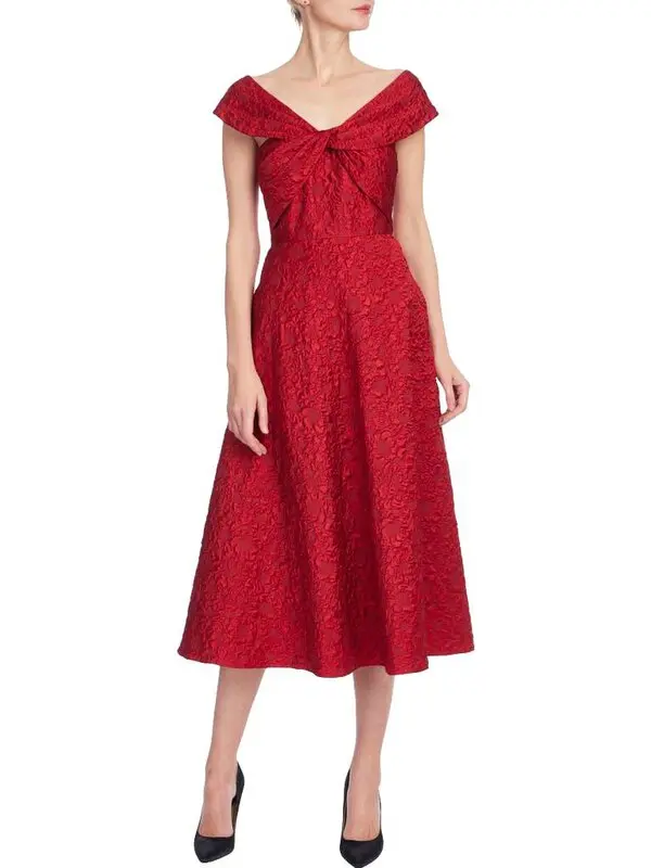 Badgley Mischka Portrait Collar Jacquard Midi Cocktail Dress - Red