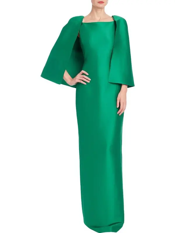 Badgley Mischka Capelet Stretch Mikado Gown - Emerald