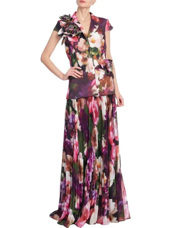 Badgley Mischka Floral Rosette Mixed Media Gown - Fuchsia Multi