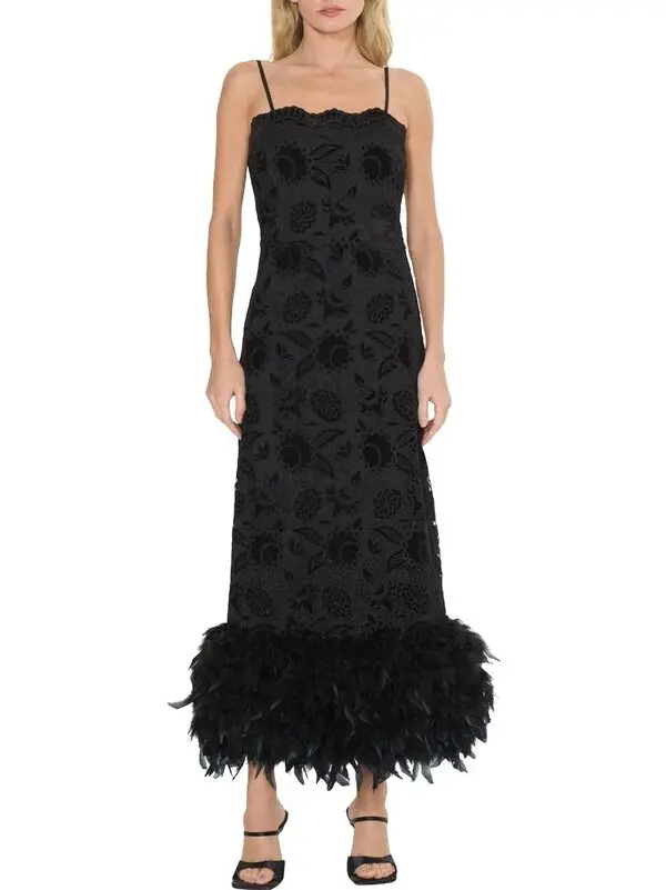 CIEBON Aurora Lace Sheath Dress With Feather Hem - Black