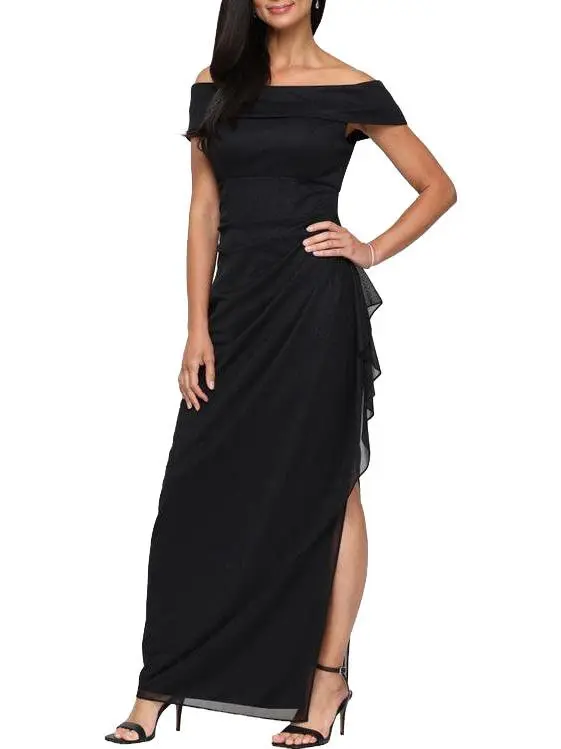 Alex Evenings Glitter Mesh Off-the-shoulder Gown - Black