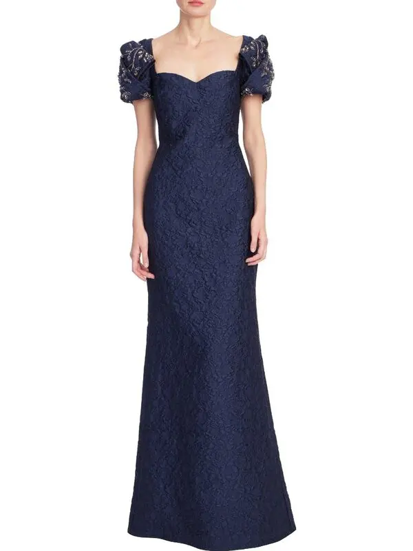 Badgley Mischka Crystal Appliqué Jacquard Gown - Navy