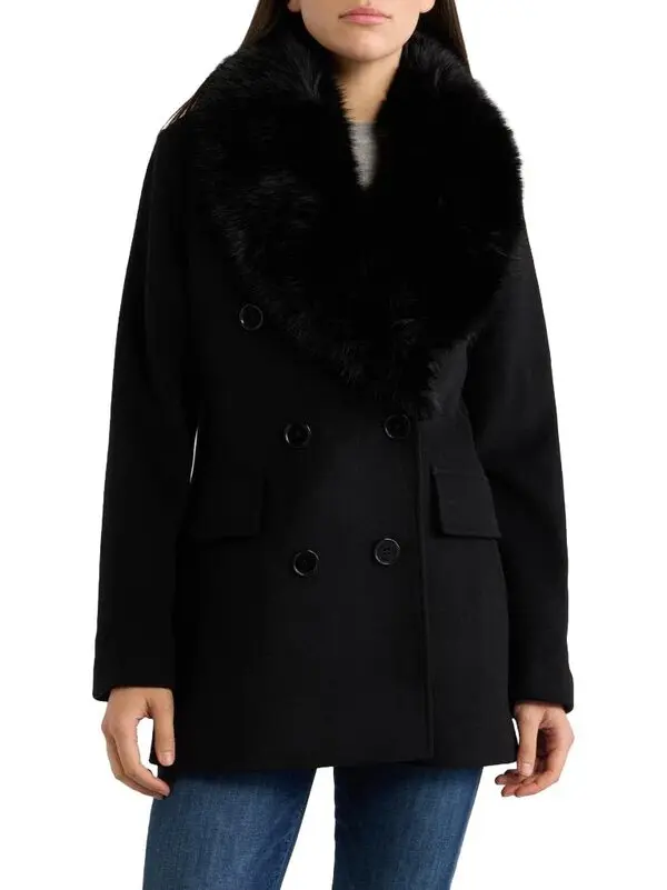 Michael Kors Herringbone Wool Blend Coat With Faux Fur Collar - Black