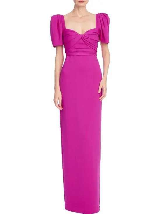 Badgley Mischka Puff Sleeve Empire Waist Gown - Fuchsia