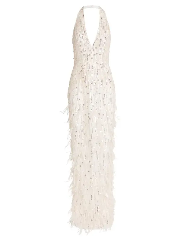 Pamella Roland Feather-trim Embellished Gown - Ivory