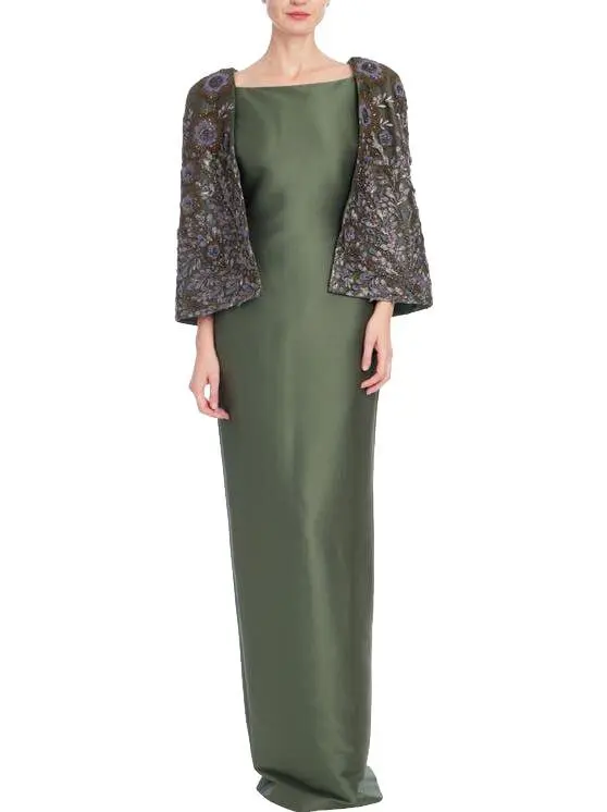 Badgley Mischka Sequin Embroidered Tulle Sleeve Gown - Olive