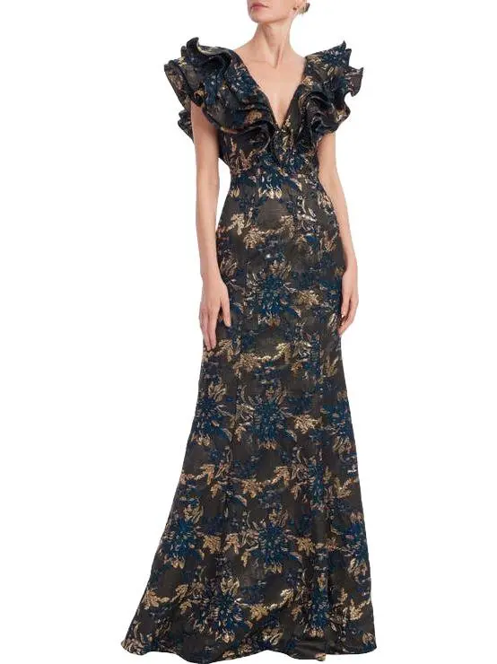 Badgley Mischka Floral Jacquard Ruffle Gown - Navy Multi