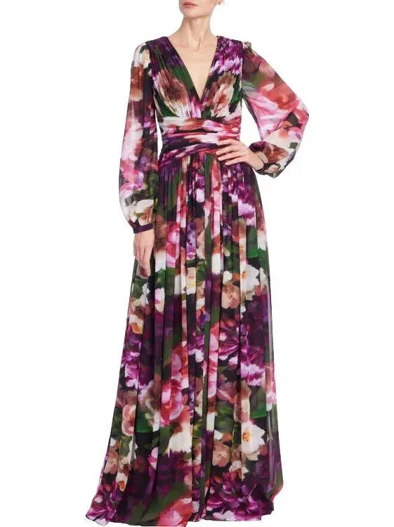 Badgley Mischka Floral V-neck Long Sleeve Georgette Gown - Fuchsia Multi