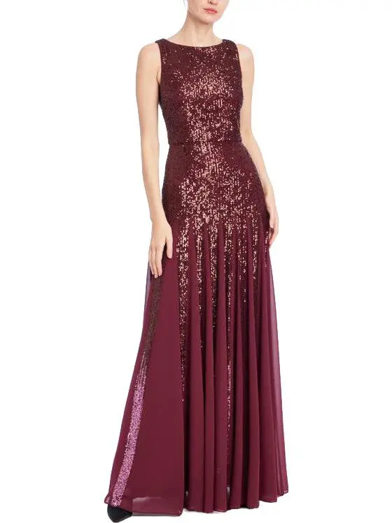 Badgley Mischka Sequin And Georgette Gown - Wine