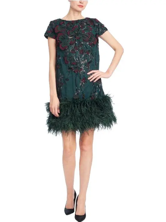 Badgley Mischka Beaded Ostrich Feather Hem Minidress - Pine