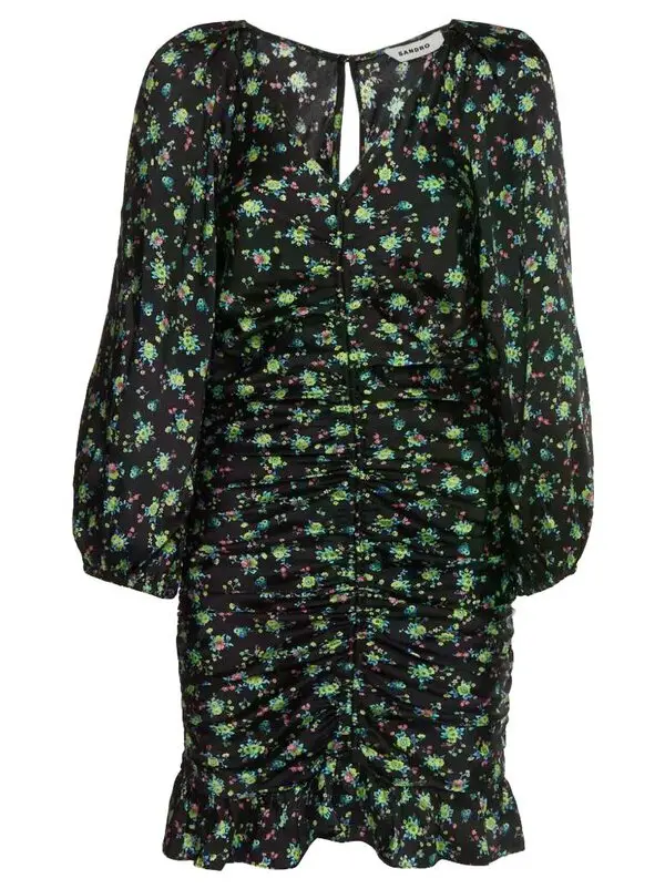Sandro Floral-print Ruched Mini Dress - Black