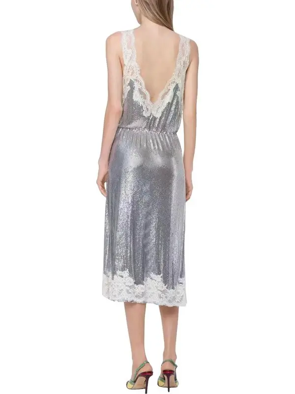 Rabanne Hand-assembled Midi Dress In Mesh And Ivory Lace - Silver