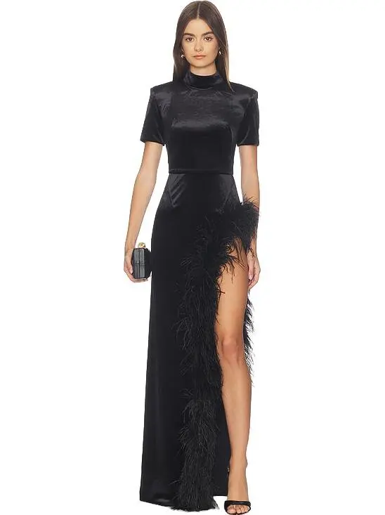 BRONX BANCO Short Sleeve Velvet Maxi Dress With Feather Trim - Black