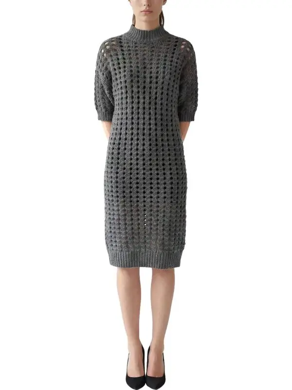 Brunello Cucinelli Perforated Knit Midi Dress - Grey