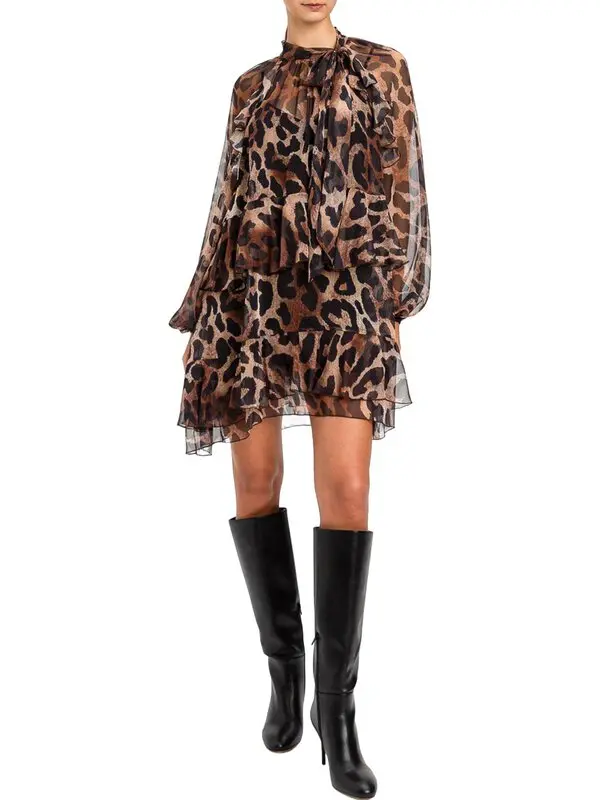 TWINSET Animal Print Georgette Mini Dress With Scarf Neck - Multicolor