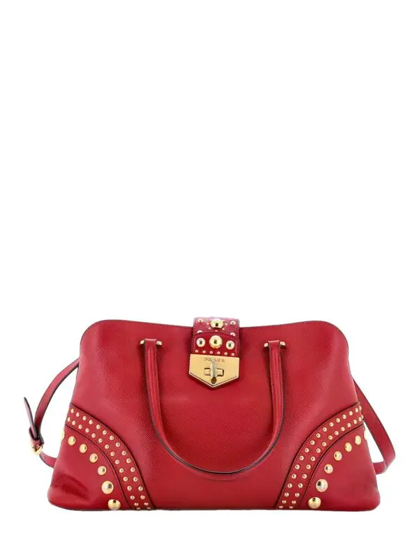 Prada Convertible Turnlock Dome Studded Saffiano Leather Medium Satchel - Red
