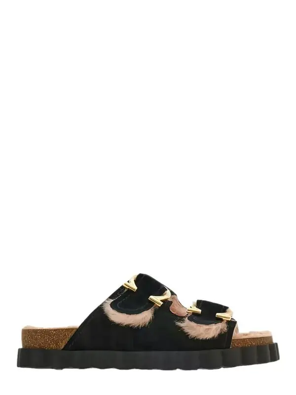FERRAGAMO Gancini Buckle Shearling Flat Sandals - Black