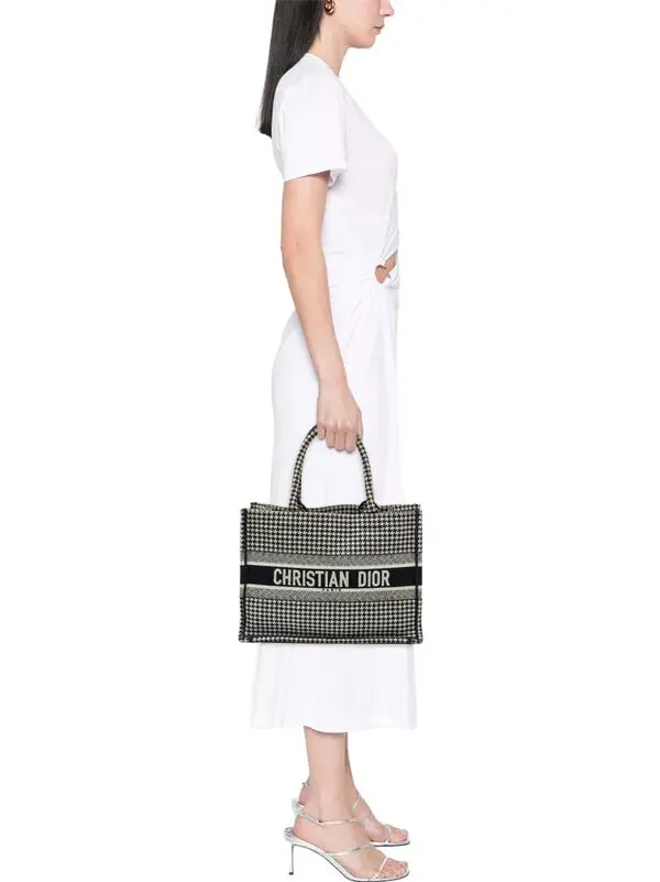 Dior 2019 Medium Embroidered Canvas Houndstooth Book Tote Bag - Black