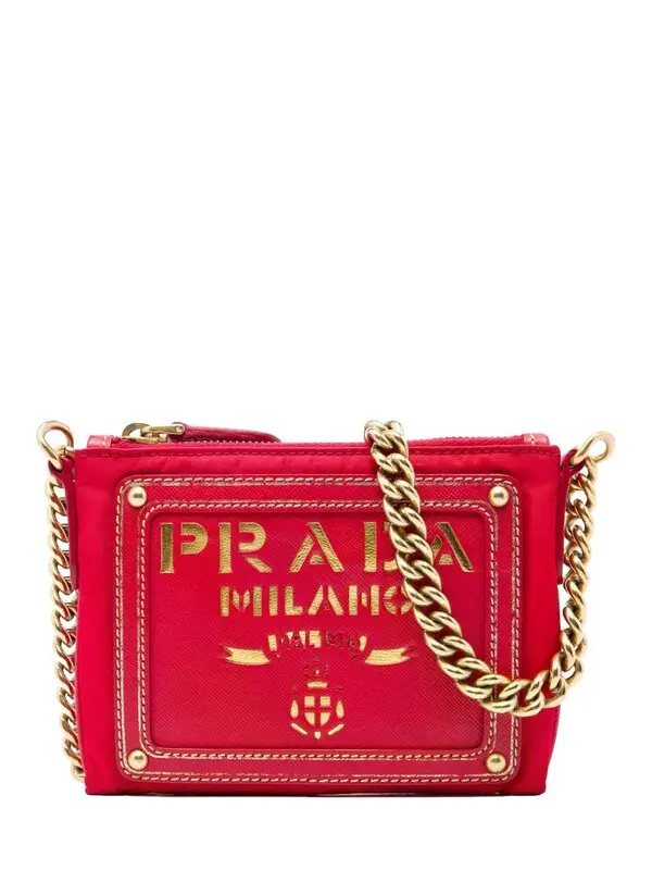 Prada 2013-2026 Saffiano Trimmed Tessuto Logo Chain Crossbody Bag - Red