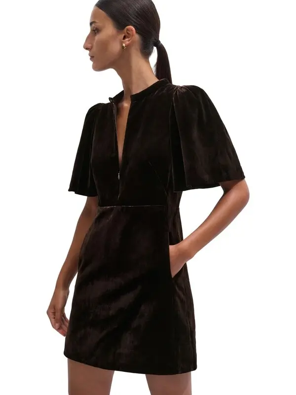 ME+EM Silk Viscose Velvet Statement Sleeve Mini Dress - Double Espresso