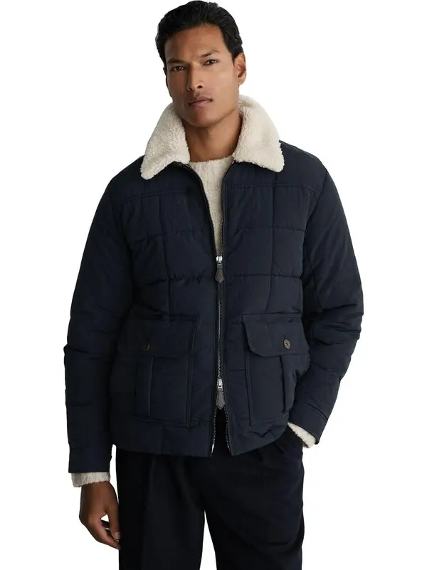 REISS Dame Borg-collar Quilted Zip-through Jacket - Navy