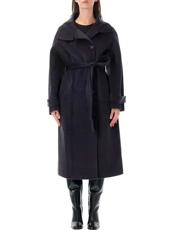Soeur Long Double-breasted Coat In Wool And Cashmere Blend With Belt - Grey