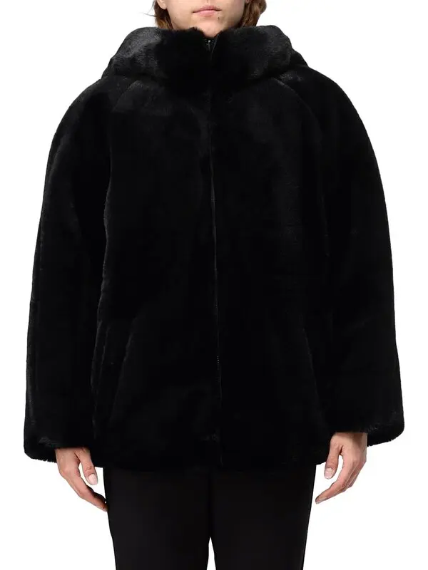 Emporio Armani Reversible Faux Fur Jacket With Hood And Eagle Logo - Black