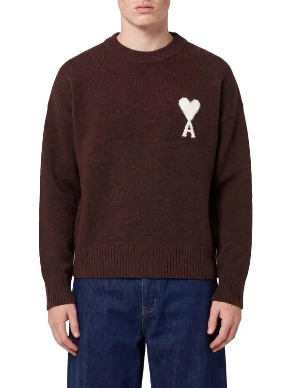 AMI Paris Crewneck Jumper In Alpaca And Wool Blend With Jacquard Logo - Brown
