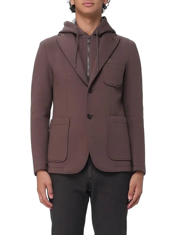 MANUEL RITZ Single-breasted Hooded Blazer In Stretch Cotton Blend - Brown