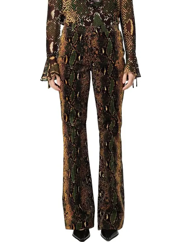 Diane Von Furstenberg Python Print Flared Trousers In Stretch Cotton With A Mid-rise - Green