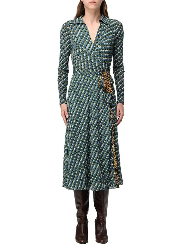 Diane Von Furstenberg Geometric Print Midi Wrap Shirt Dress With Long Sleeves - Multicolor