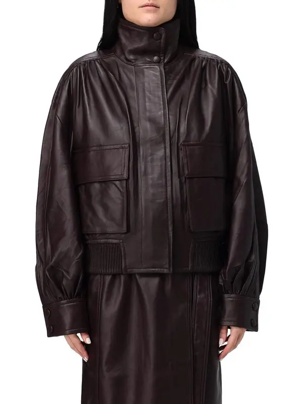 Diane Von Furstenberg Funnel Neck Lambskin Leather Bomber Jacket With Elasticized Hem - Brown