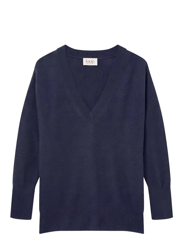 LOOP CASHMERE Relaxed Lofty V Neck Sweater In Midnight - Blue