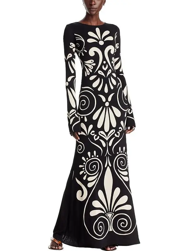 CALA DE LA CRUZ Amay Printed Long Sleeve Maxi Dress - Onyx