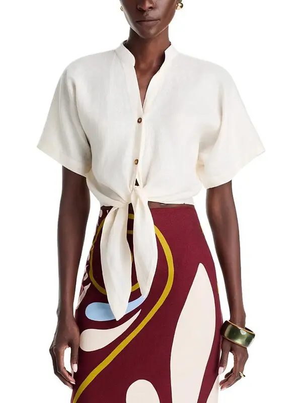 CALA DE LA CRUZ Leroy Linen Tie Front Shirt - Ecru