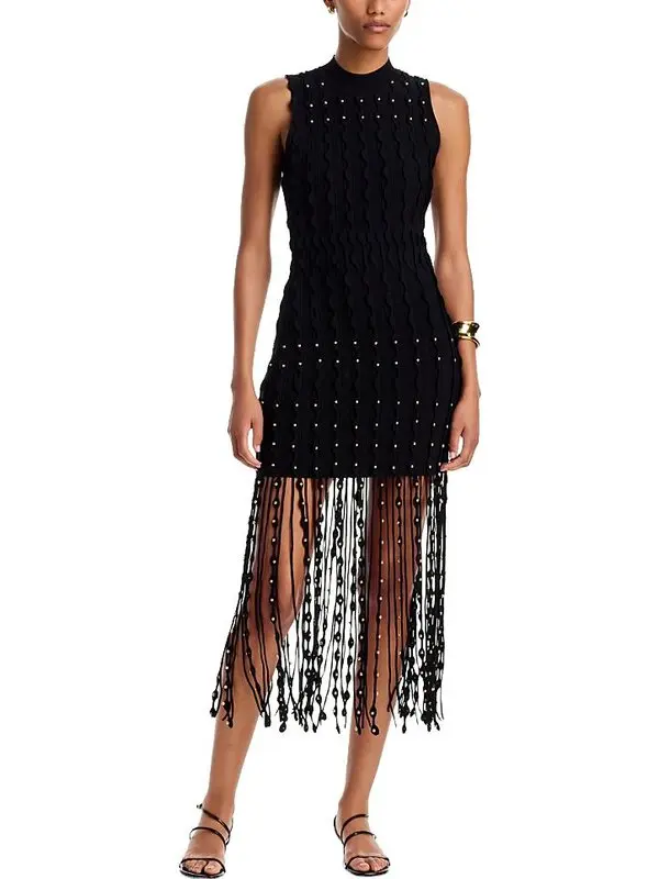 Simkhai Noemie Embellished Fringe Midi Dress - Black
