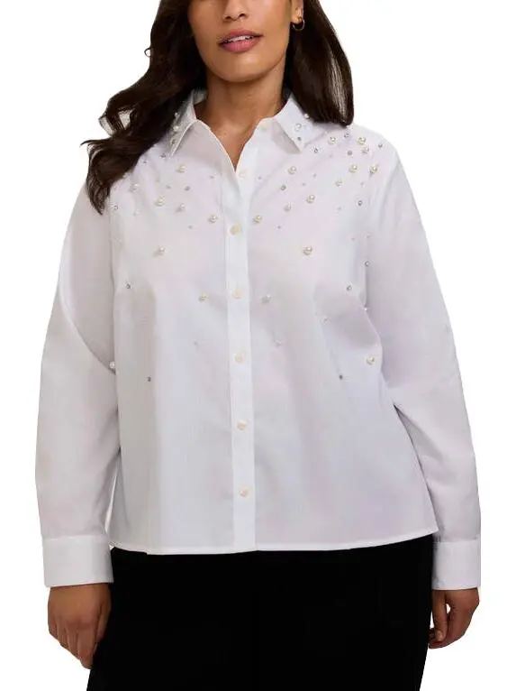 Foxcroft Jodie Faux Pearl & Rhinestone Button-up Shirt - White