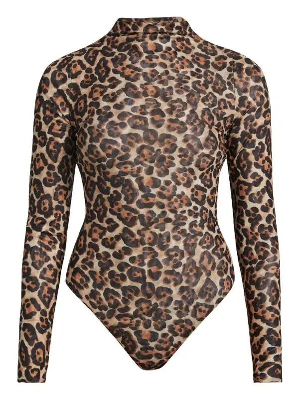 Ronny Kobo Vittoria Mock Turtleneck Bodysuit - Leopard
