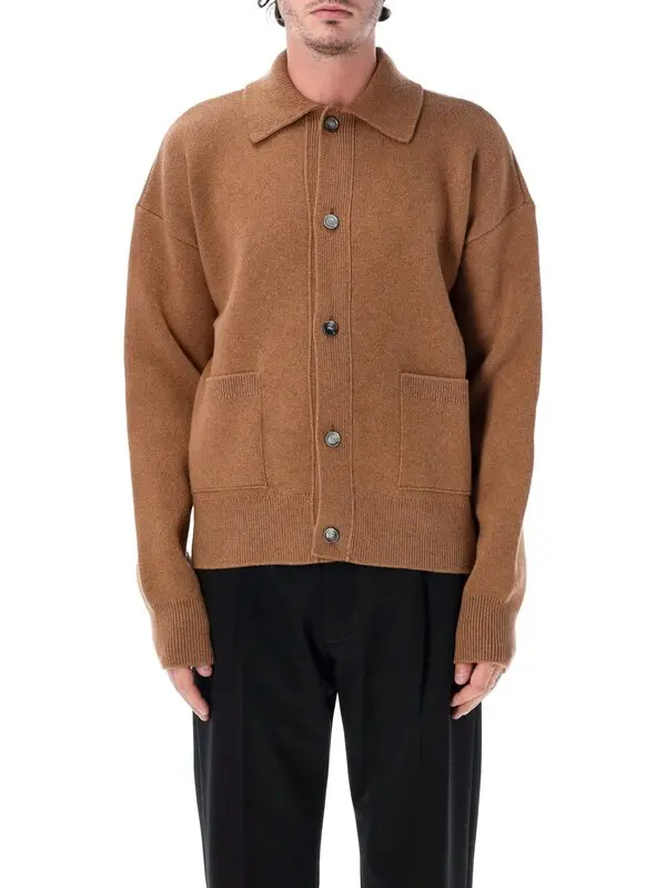 AMI Paris Wool Interlock Cardigan With Shirt-style Collar And Horn Buttons - Marrone