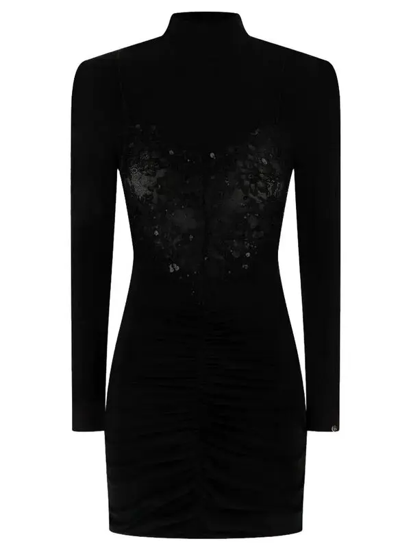 NISSA Lace-insert Ruched Mini Dress - Black