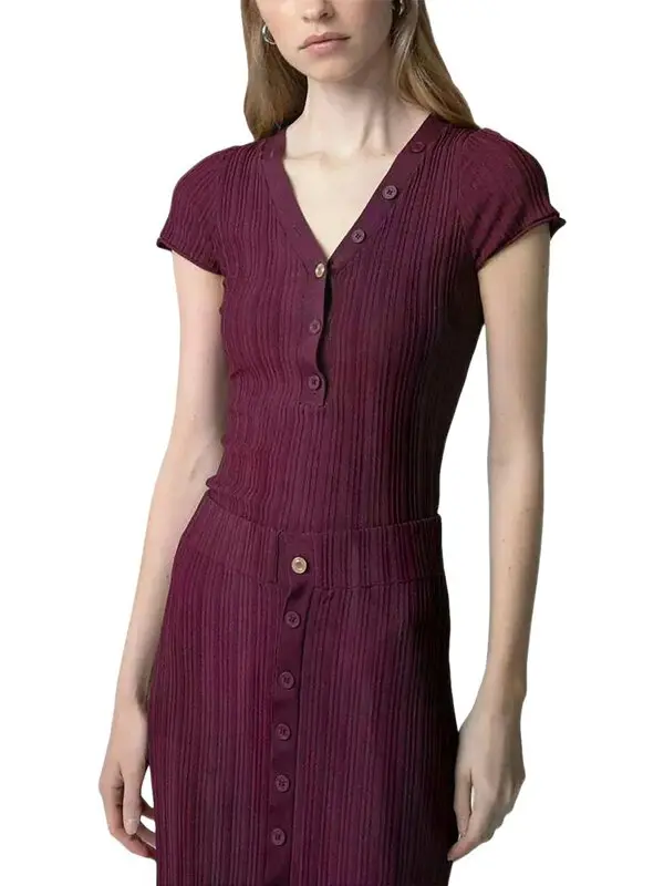 GAELLE PARIS Ribbed-knit Button-up T-shirt - Red