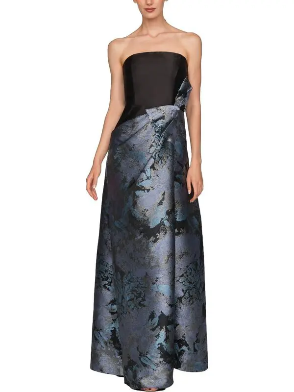 KAY UNGER Eva Strapless Jacquard Gown - Chambray Multi
