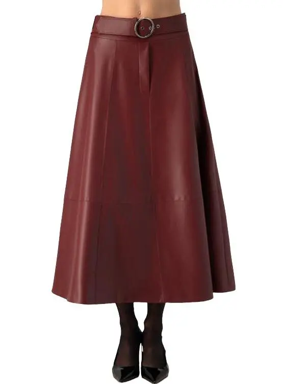 IVONNE Belted Faux Leather Midi Skirt - Wine
