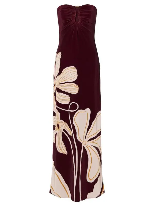 CALA DE LA CRUZ Yves Floral Gathered Velvet Gown - Burgundy
